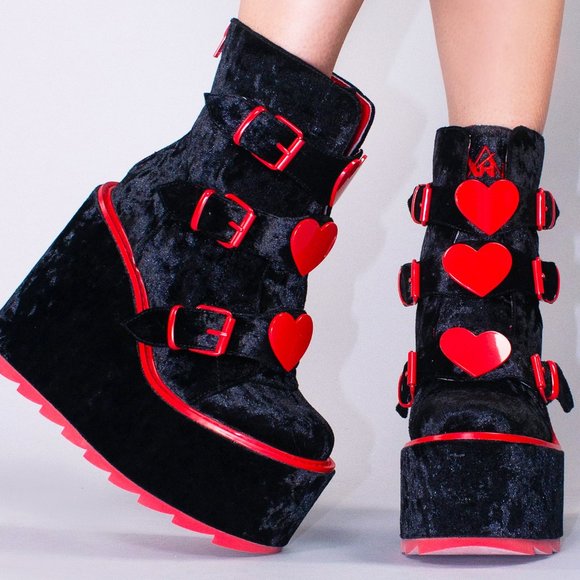 YRU | Shoes | Dune Lo Heart Velvet Platform Boots In Black Red | Poshmark